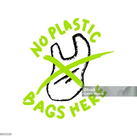 녹색 금지 표지판이있는 비닐 봉지 플라스틱 패키지는 흰색 배경에 비닐 봉지 없음이라는 글자로 분리됩니다 손 그리기 벡터 0명에