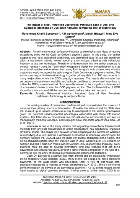 Pdf The Impact Of Trust Perceived Usefulness Perceived Ease Of Use And Customer Intentions