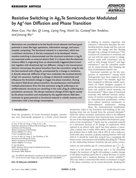 Resistive Switching In Ag 2 Te Semiconductor Modulated By Ag ‐ion Diffusion And Phase