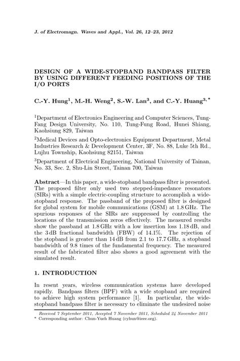 Pdf Design Of A Wide Stopband Bandpass Filter By Using Different Feeding Positions Of The I O