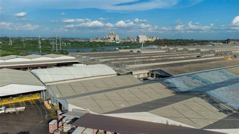 Aerial Bird View Photo Of Railroad Container Terminal With Train Loaded With Containers By