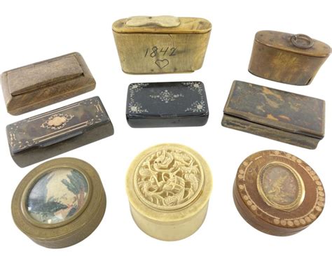 Lot 9 Antique Snuff Boxes Brass Horn Wood Shell