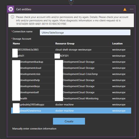 Azure Logic App Unable To Create Connection To Table Storage Stack