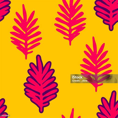 노란색에 분홍색 보라색 손으로 그린 손바닥 잎과 열대 배경 트로픽 원활한 패턴 벡터 그림입니다 관목에 대한 스톡 벡터 아트 및