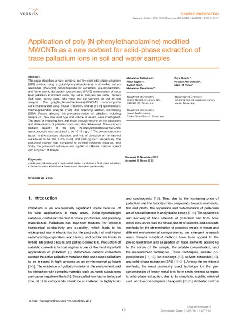 Pdf Application Of Poly N Phenylethanolamine Modified Mwcnts As A New Sorbent For Solid