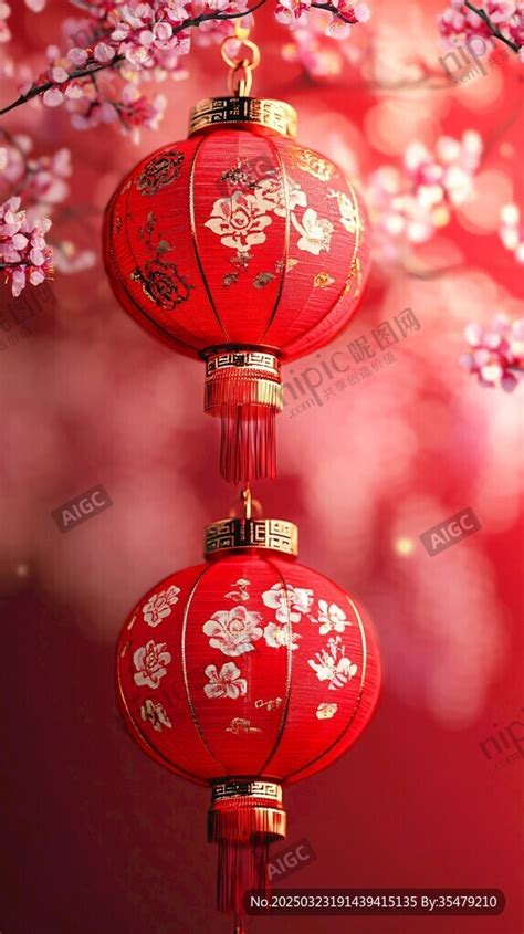 Ai创作图红色灯笼 樱花 中国新年 春天 花朵 粉色 悬挂 装饰 节日 传统 文化 庆祝 复古 美丽 浪漫 昵图网