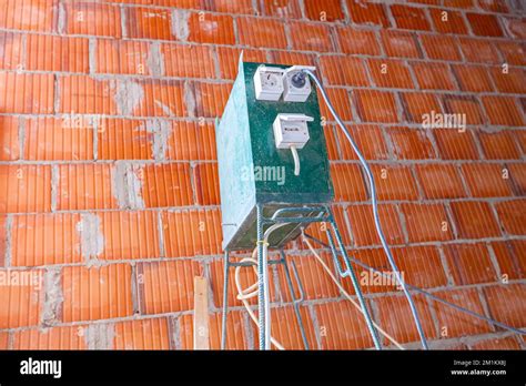 Distribution Panel With Industrial Multiphase Power Plugs And Sockets Are Providing Electrical