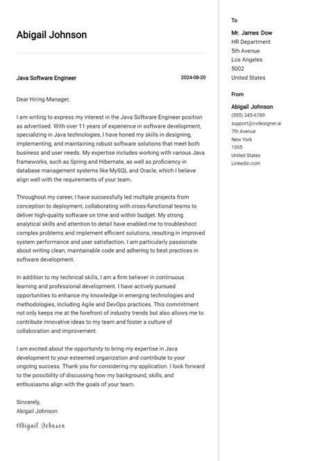 Java Software Engineer Cover Letter Example For 2025 Top Cv Skills Cvdesignerai