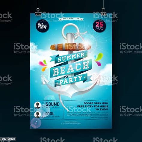앵커와 푸른 흐린 하늘 배경에 리본 벡터 여름 해변 파티 전단지 디자인 배너 전단지 초대장 포스터에 대 한 서식 파일을 디자인 합니다 Dj에 대한 스톡 벡터 아트 및 기타