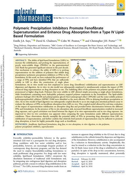 Pdf Polymeric Precipitation Inhibitors Promote Fenofibrate Supersaturation And Enhance Drug