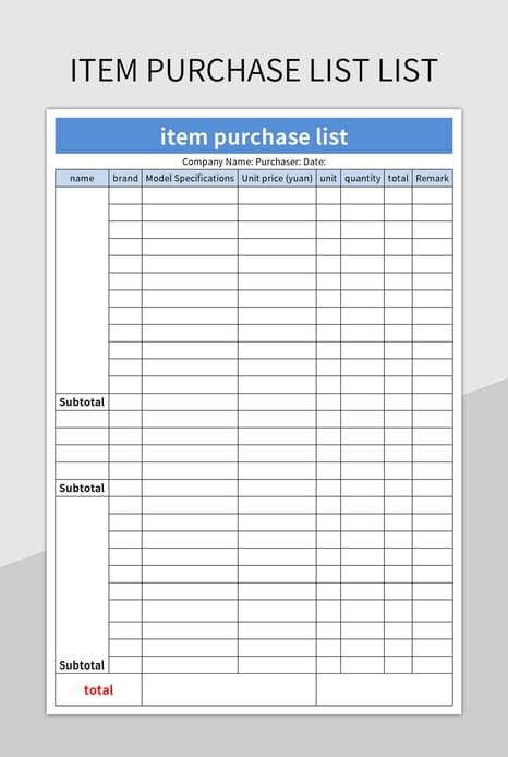 Free Purchasing List Templates For Google Sheets And Microsoft Excel Slidesdocs