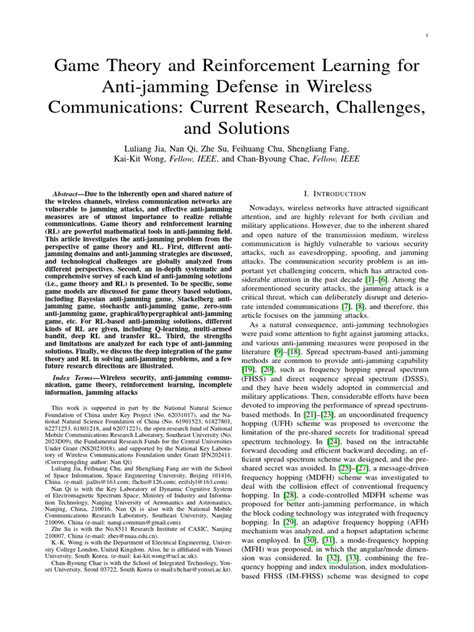 Game Theory And Reinforcement Learning For Anti Jamming Defense In Wireless Communications