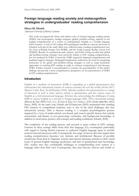 Pdf Foreign Language Reading Anxiety And Metacognitive Strategies In Undergraduates Reading