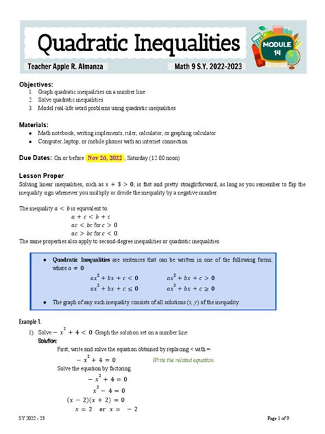 Module 14 - Quadratic Inequalities | PDF | Quadratic Equation | Inequality (Mathematics)