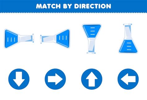 귀여운 만화 비커 인쇄용 도구 워크시트의 왼쪽 오른쪽 위 또는 아래 방향으로 어린이를 위한 교육 게임 프리미엄 벡터