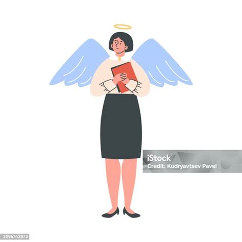 천사 날개와 후광 플랫 스타일 벡터 일러스트 레이 션을 가진 웃는 여자 감정에 대한 스톡 벡터 아트 및 기타 이미지 감정 귀여운 긍정적인 감정 표현 Istock