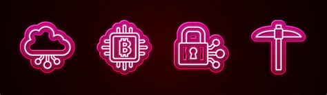 라인 설정 암호 화폐 클라우드 마이닝 Cpu 팜 비트 코인 및 곡괭이로 잠금 빛나는 네온 아이콘입니다 벡터 0명에 대한 스톡 벡터 아트 및 기타 이미지 Istock