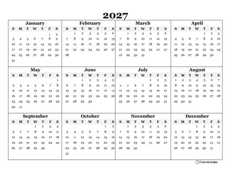 2027 Blank Yearly Word Calendar Template Free Printable Templates