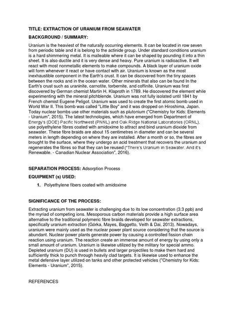 Extraction Of Uranium In Seawater Pdf Uranium Chemical Elements