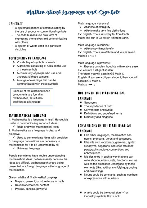 Mathematical Language Hence It Is Useful In Communicating Important Ideas Read And Write