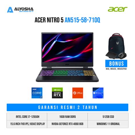 Jual Acer Nitro 5 An515 58 710q Intel Core I7 12650h Ram 16gb Ssd 512gb Rtx4060 Win11
