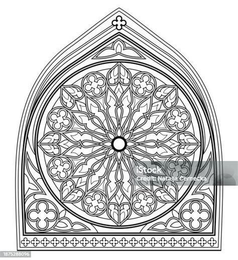 장미와 함께 아름 다운 고딕 스테인드 글라스 창문 서유럽의 중세 건축 색칠하기 책에 대한 흑백 판타지 그림 어린이와 성인을 위한 그림 그리기와 명상을 위한 워크시트 벡터