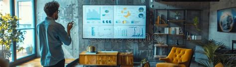 Man Analyzing Data On A Large Screen In A Modern Office Space With