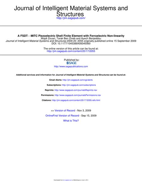 Pdf A Fsdt Mitc Piezoelectric Shell Finite Element With Ferroelectric Non Linearity