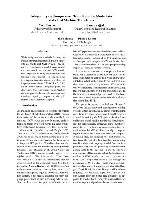 Pdf Integrating An Unsupervised Transliteration Model Into