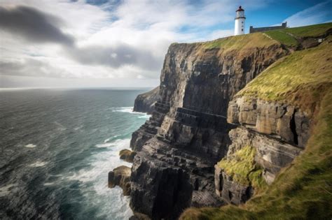 Premium Ai Image Coastal Cliff With Lighthouse Providing A Beacon Of Safety Created With