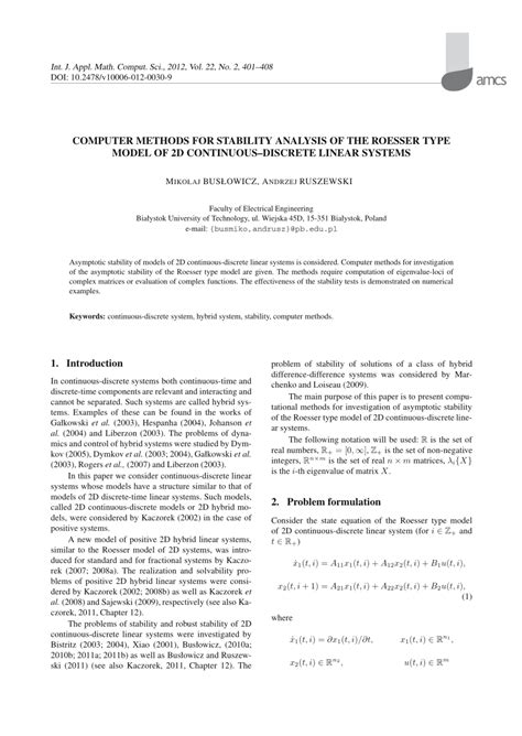 PDF Computer Methods For Stability Analysis Of The Roesser Type Model Of D Continuous