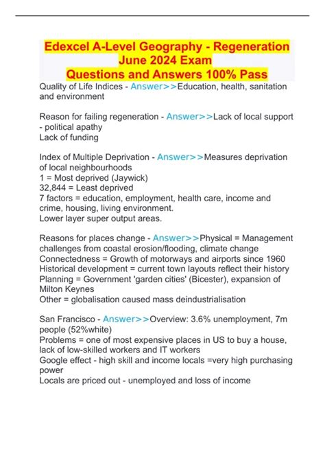 edexcel a level geography regeneration june 2024 exam questions and