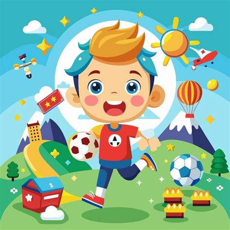 축구를 하는 귀여운 행복한 작은 소년 축구 만화 평평한 캐릭터 터 일러스트레이션 프리미엄 Ai 생성 벡터