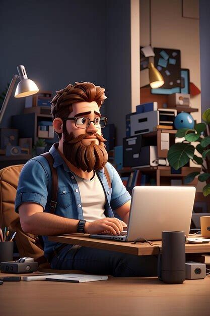 Premium AI Image Bearded Guy Sitting In Front Of Laptop Man Work On Computer Freelancer D