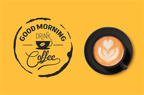 벡터 3d 사실적인 블랙 세라믹 도자기 머그잔 과 거품 커피 카푸치노 라떼 아메리카노 타이포그래피 인용문이 있는 커피 컵 커피에 대한 문구 스톡 일러스트레이션 디자인