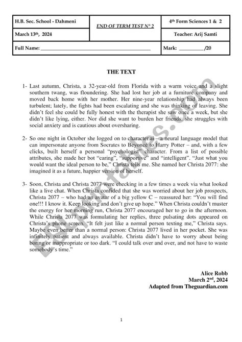 End Of Term Test 2 4th Form Sciences Esl Worksheet By Areej Ben Mohamed