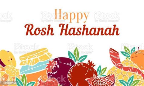 유대인 새해 로쉬 하샤나는 페이지의 하단에 전통적인 개체와 음식이있는 템플릿을 디자인합니다 올해의 히브리어 헤드타이틀 손으로 그린 벡터 스케치 일러스트레이션 유대교 신년제에