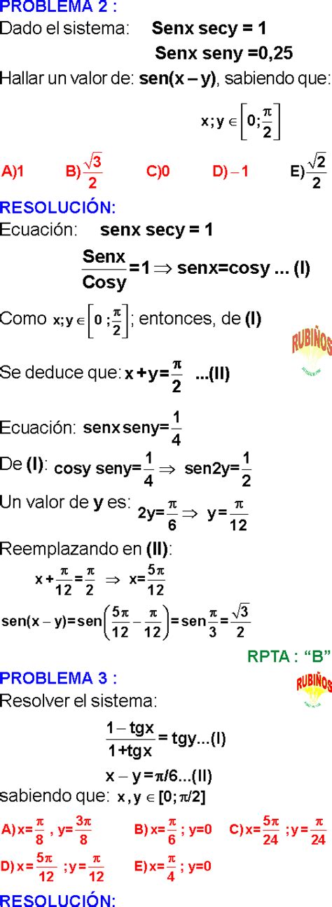 Sistema De Ecuaciones TrigonomÉtricas Ejercicios Resueltos Pdf