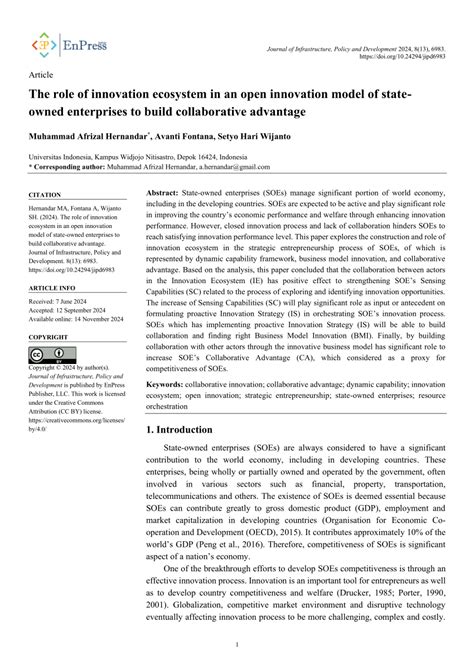 Pdf The Role Of Innovation Ecosystem In An Open Innovation Model Of State Owned Enterprises To