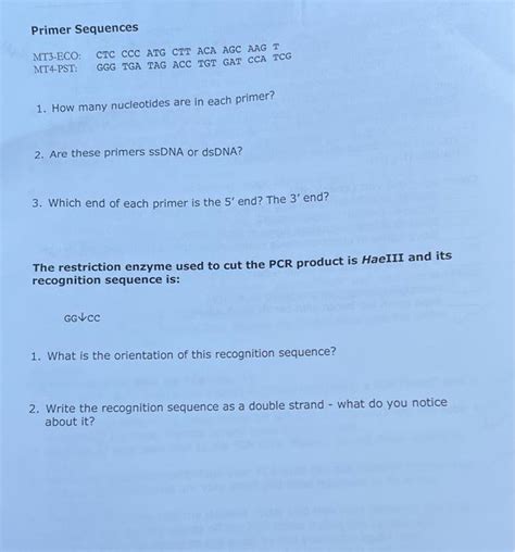 Solved Primer Sequences Mt3 Eco Ctc Ccc Atg Ctt Aca Agc Aag