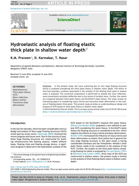 Pdf Hydroelastic Analysis Of Floating Elastic Thick Plate In Shallow Water Depth