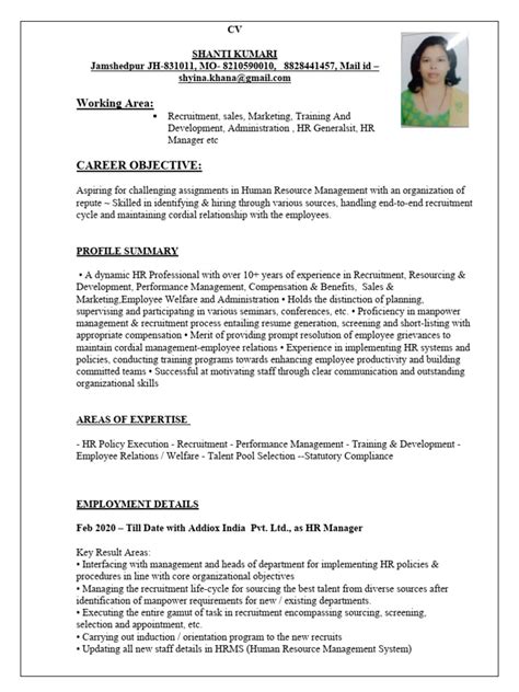 Shanti Resume Hr And Admin Pdf Human Resources Recruitment