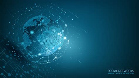 글로벌 소셜 네트워크 미래 벡터 행성 지구와 블루 미래 지향적 인 배경 인터넷 및 기술 가상 현실과 현대 과학 푸른 신경 총