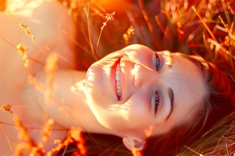 Premium Photo Smiling Redhead Girl Lying In The Field With Evening Light