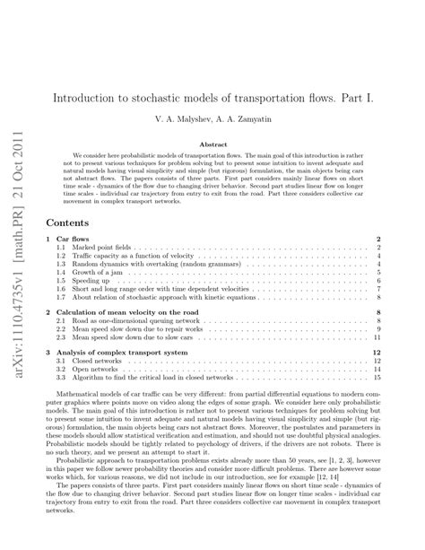 Pdf Introduction To Stochastic Models Of Transportation Flows Part I