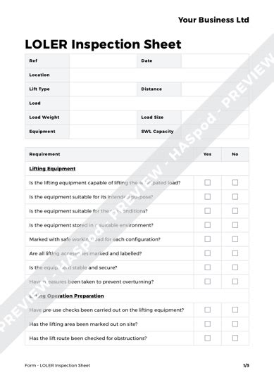 Loler Inspection Sheet Form Template Haspod