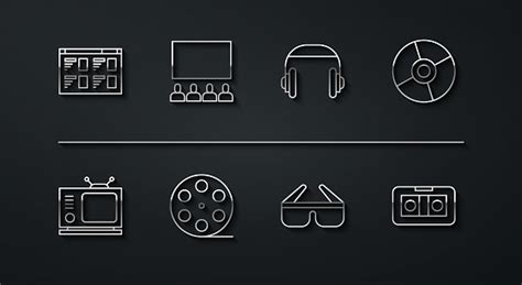 세트 라인 온라인 재생 비디오 복고풍 Tv Cd 또는 Dvd 디스크 3d 시네마 안경 필름 릴 스크린과 영화 강당 Vhs 카세트 테이프와 헤드폰 아이콘 벡터 검은색에 대한