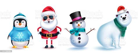 크리스마스 문자 벡터 세트 디자인 산타 클로스 펭귄 북극곰 및 눈사람 캐릭터는 크리스마스 휴가 시즌 컬렉션을 위해 흰색 배경으로