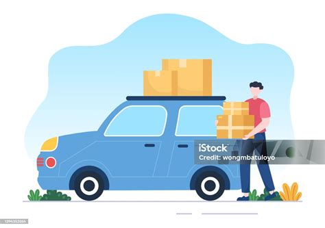 홈 재배치 또는 골판지 포장 상자 또는 팩 소지품으로 이동하는 사람들은 플랫 카툰 일러스트레이션에서 새로운 것으로 이동합니다 가구에 대한 스톡 벡터 아트 및 기타 이미지