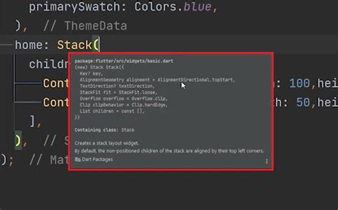 Quadro de Sugestões do Android Studio no VsCode Flutter Widgets Stateless Stateful Imagens
